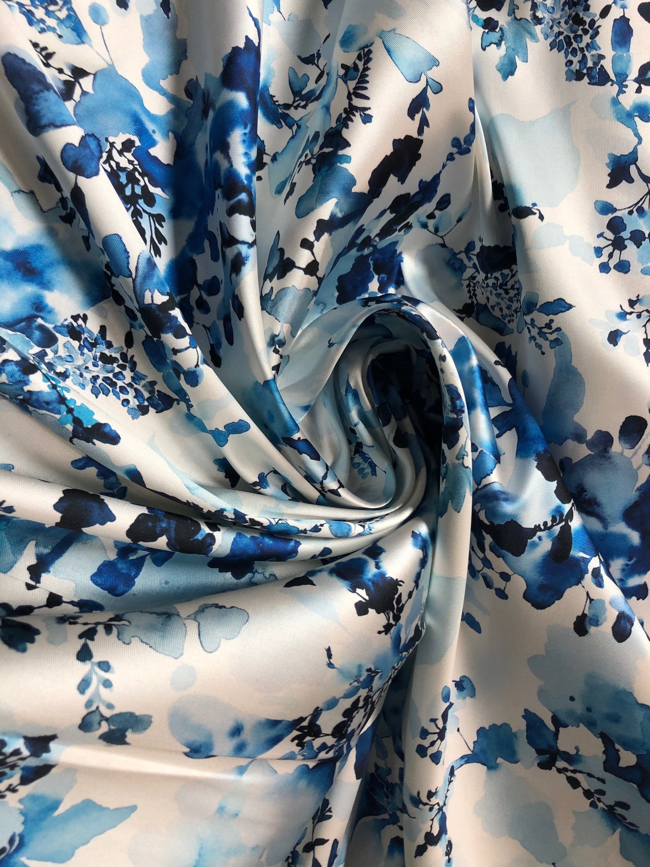 Beautiful white base blue abstract print on mikado / Zibelline fabric ...