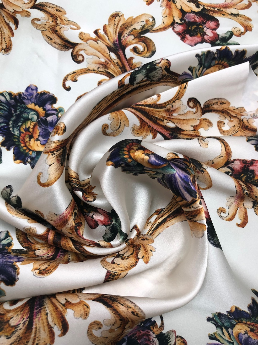 100% Silk Satin Charmeuse Digital Print 54" Wide Beautiful Ivory With ...