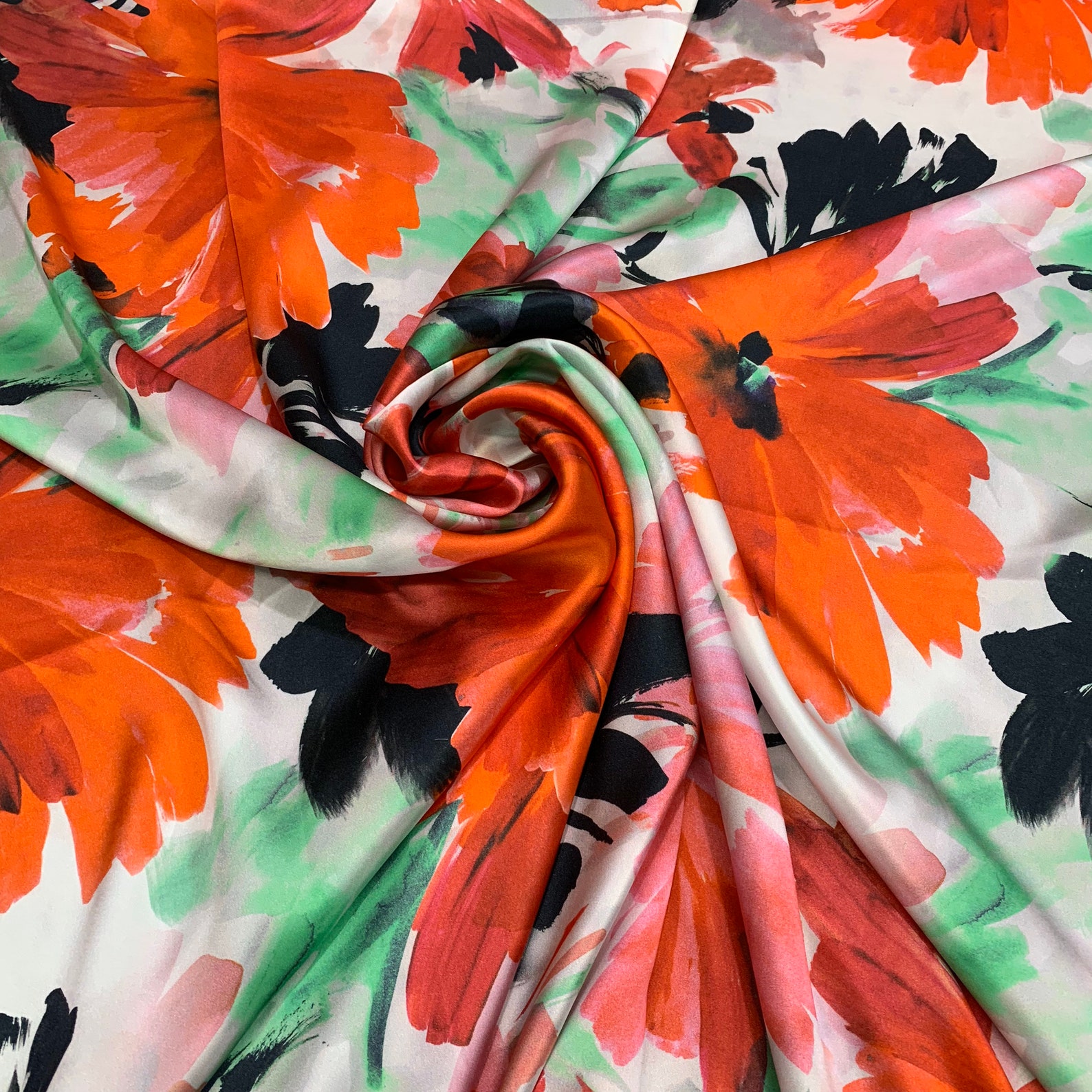 100% Silk Satin Charmouse 54” Wide. Beautiful Red Black White Floral ...