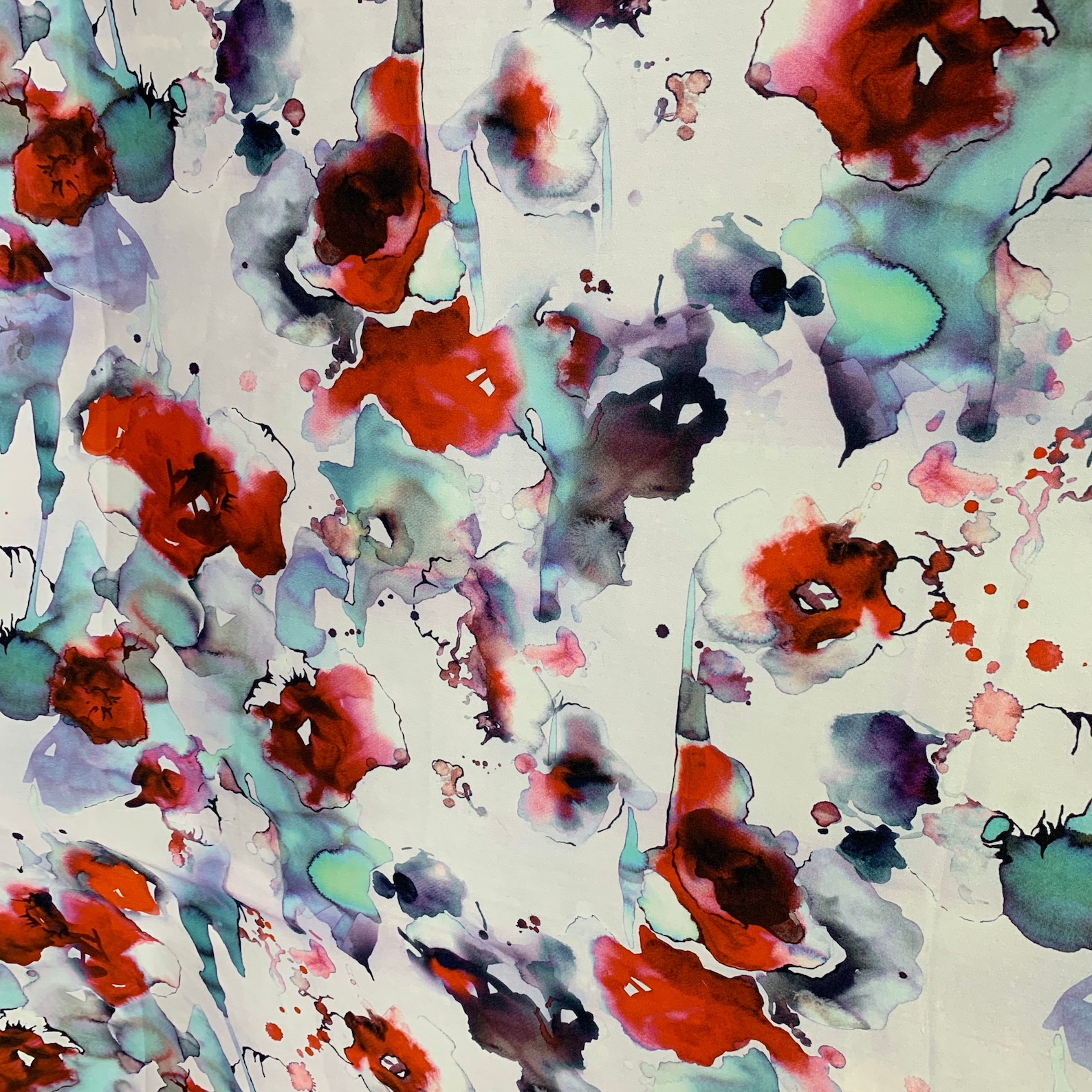 100% Silk Satin Charmouse 54” Wide. Beautiful White Gray Base Floral ...