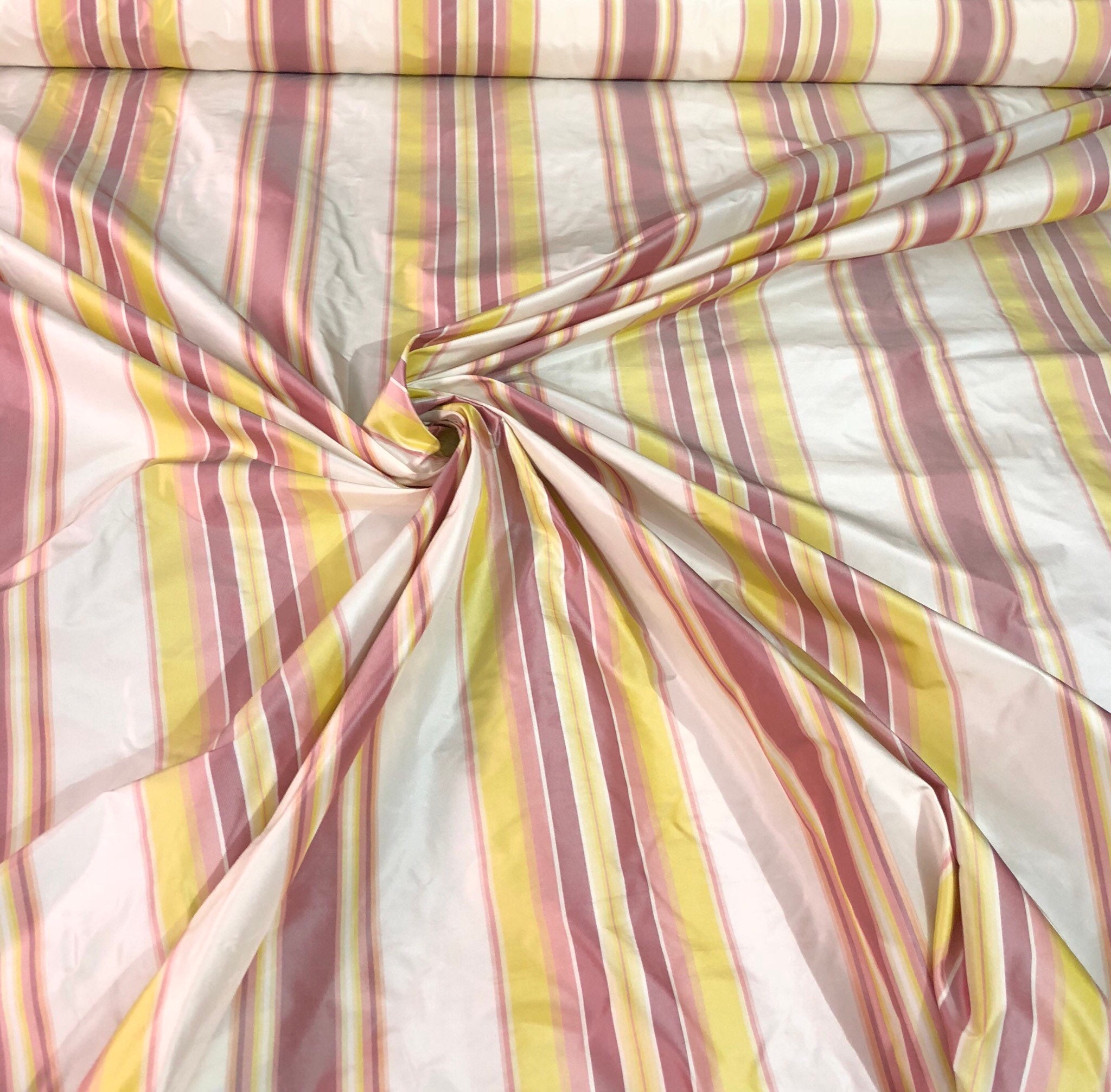 100% silk taffeta stripe 54 wide Beautiful pink yellow white color Fabric sold by the yard
