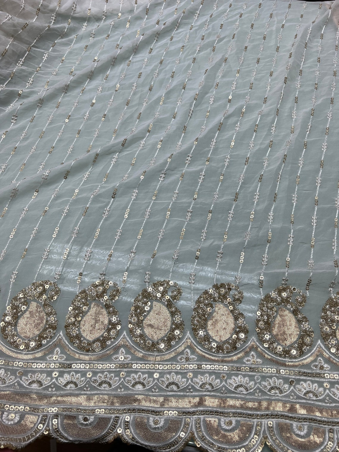Beautiful Ivory Base With Matte Gold Border Embroidery Sequined Chiffon ...