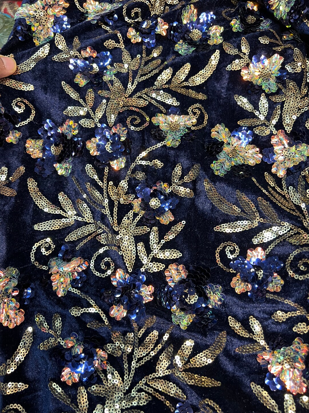 Velvet With Sequence Embroidered 45" Wide Beautiful Navy Velvet With ...