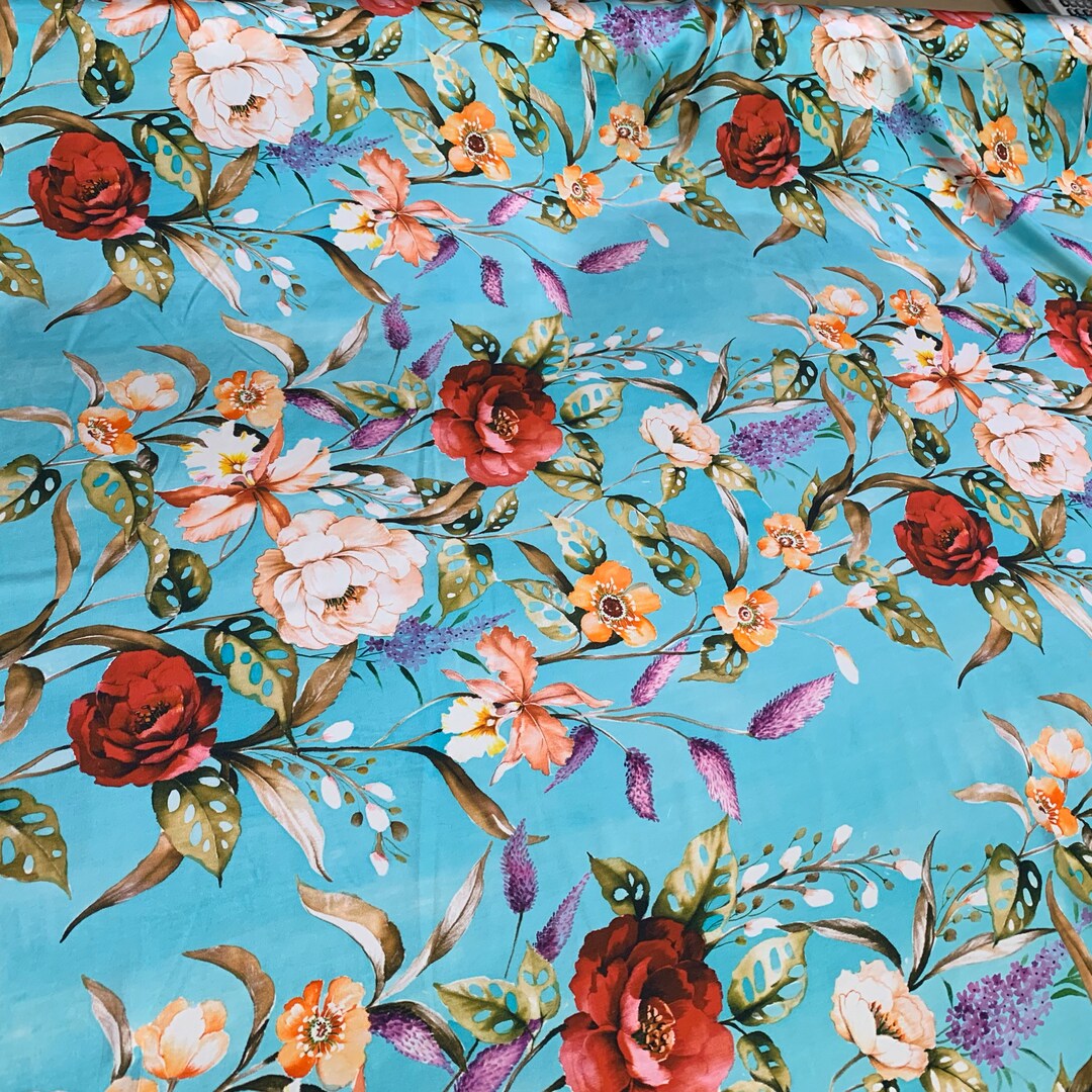 100% Silk Satin Charmouse Print 54 Wide. Beautiful Turguise Base Multi ...