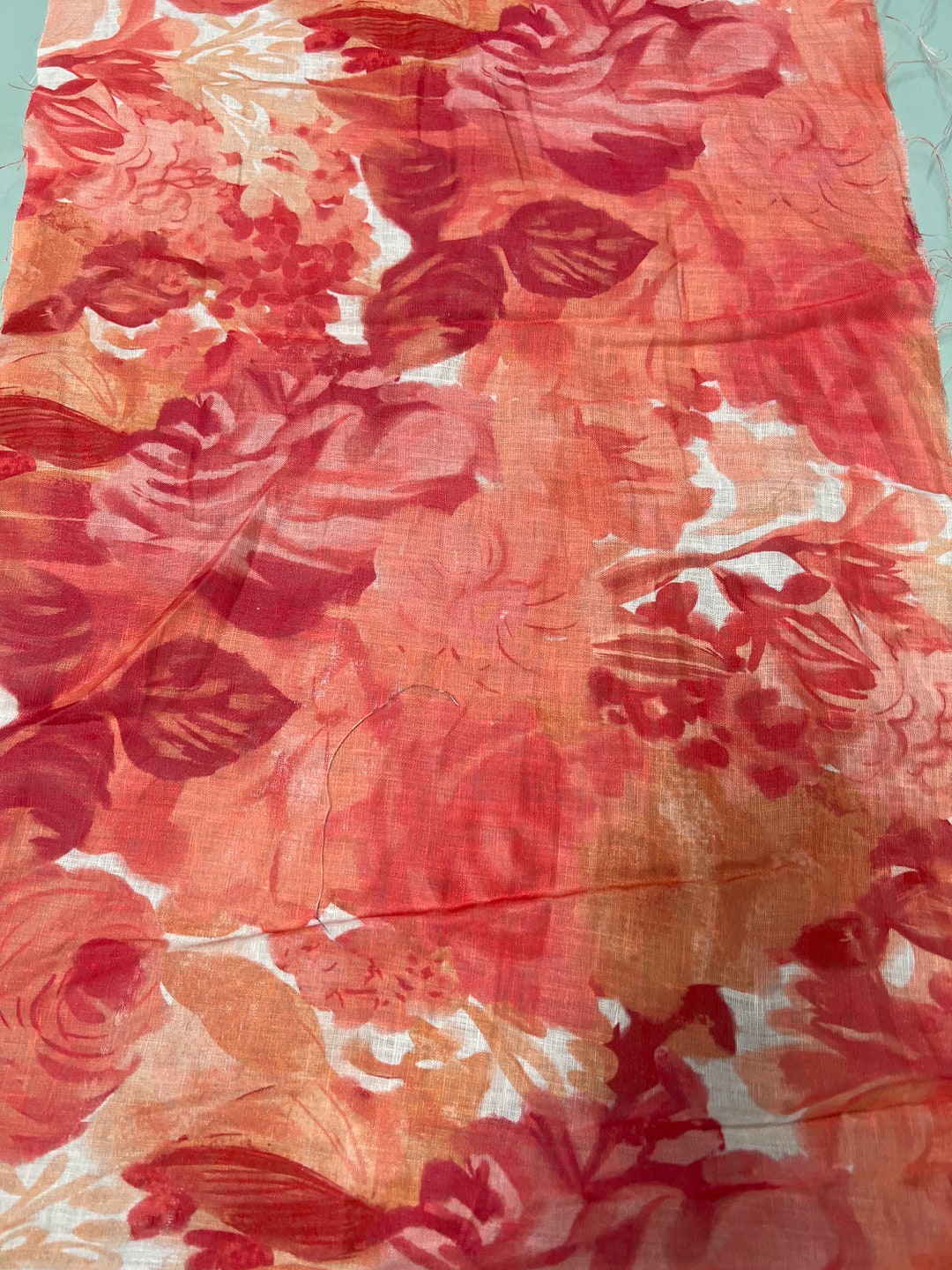 100% Linen Designer Print, Beautiful Tan Coral Wine Color Floral ...