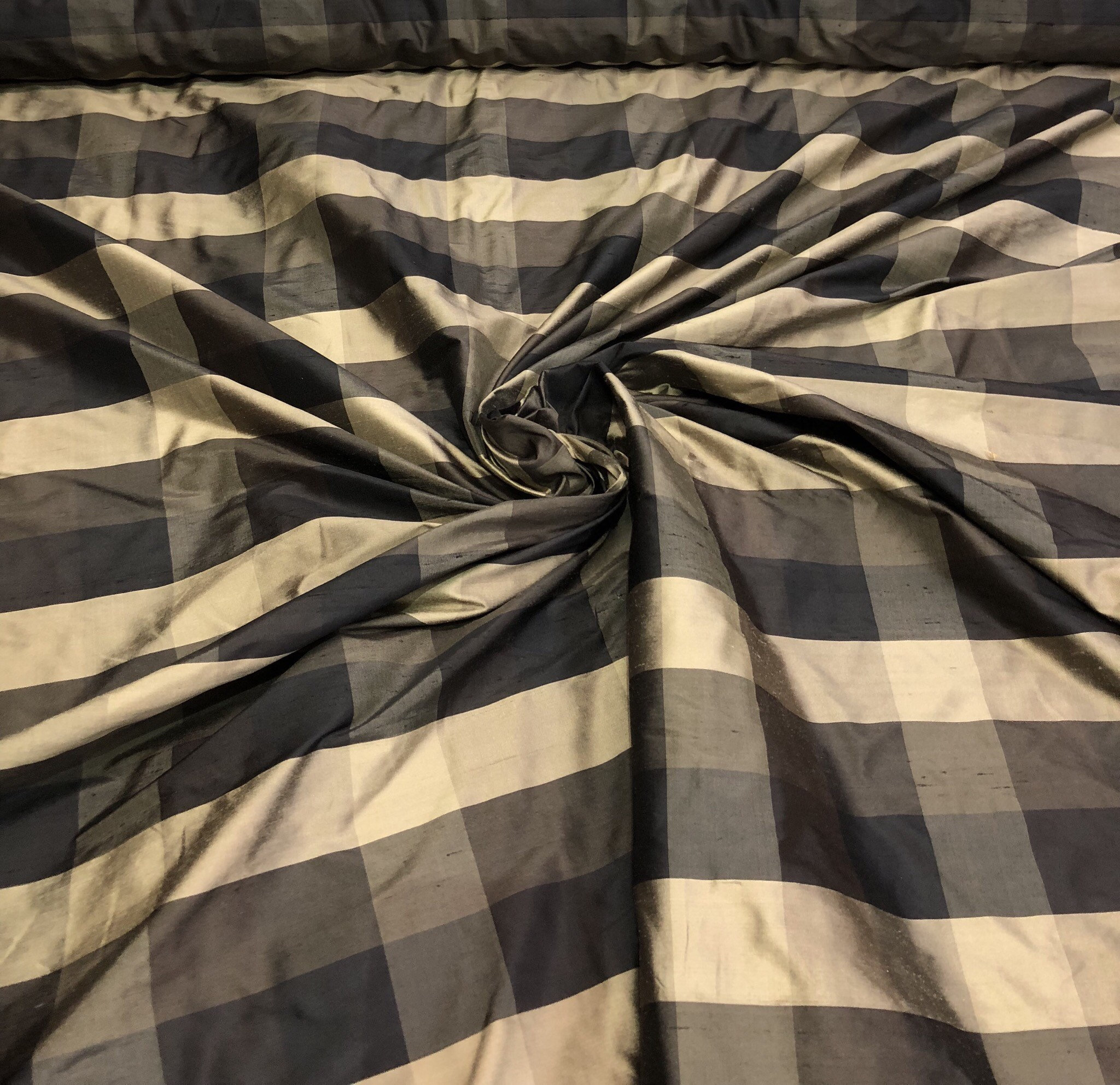 Silk shantung plaid 54 wide Beautiful black gold tan color silk ...