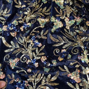 Velvet With Sequence Embroidered 45" Wide Beautiful Navy Velvet With ...