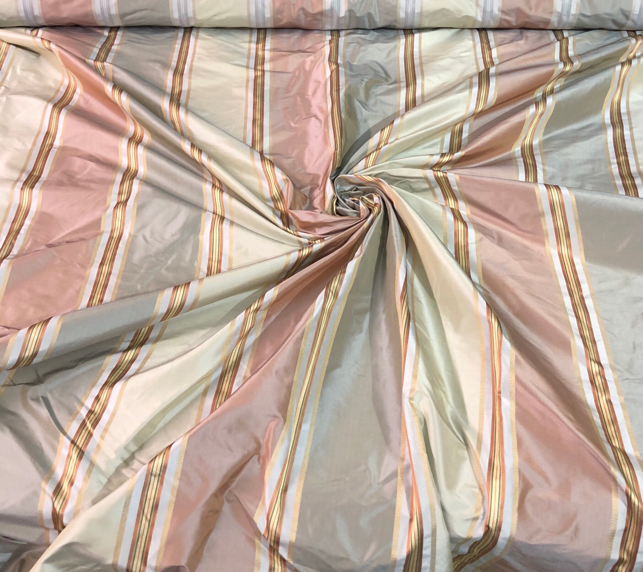 Silk taffeta 54 wide Beautiful gray pink peach statin stripe silk taffeta fabric sold by the yard