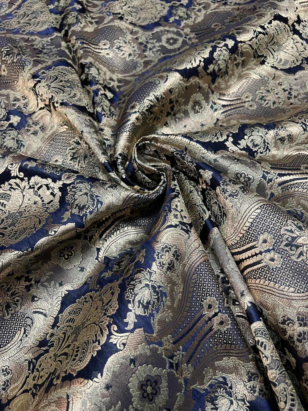 Jaquard Floral Brocade 44" Wide Beautiful Navy Gold Floral Vintage ...