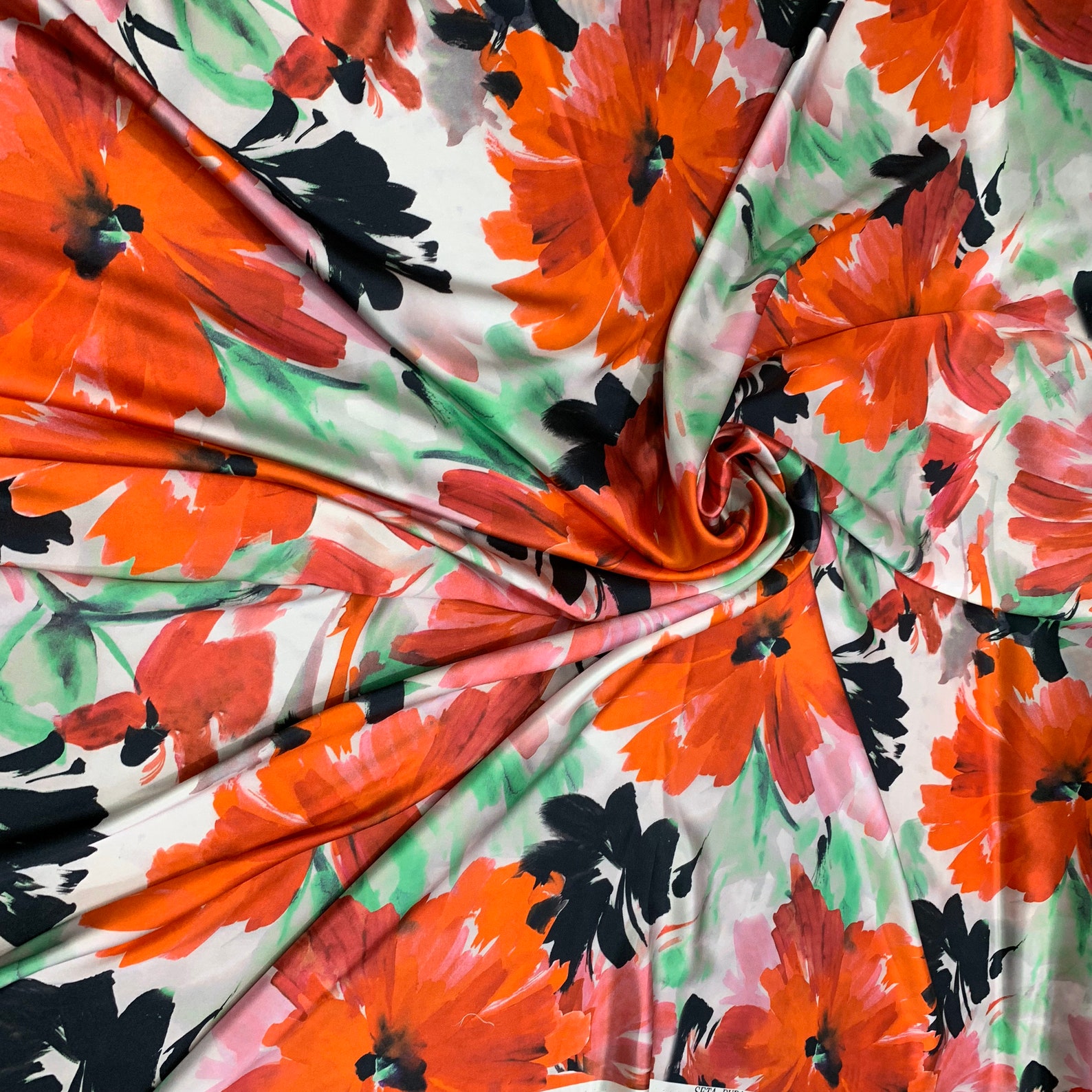 100% Silk Satin Charmouse 54” Wide. Beautiful Red Black White Floral ...