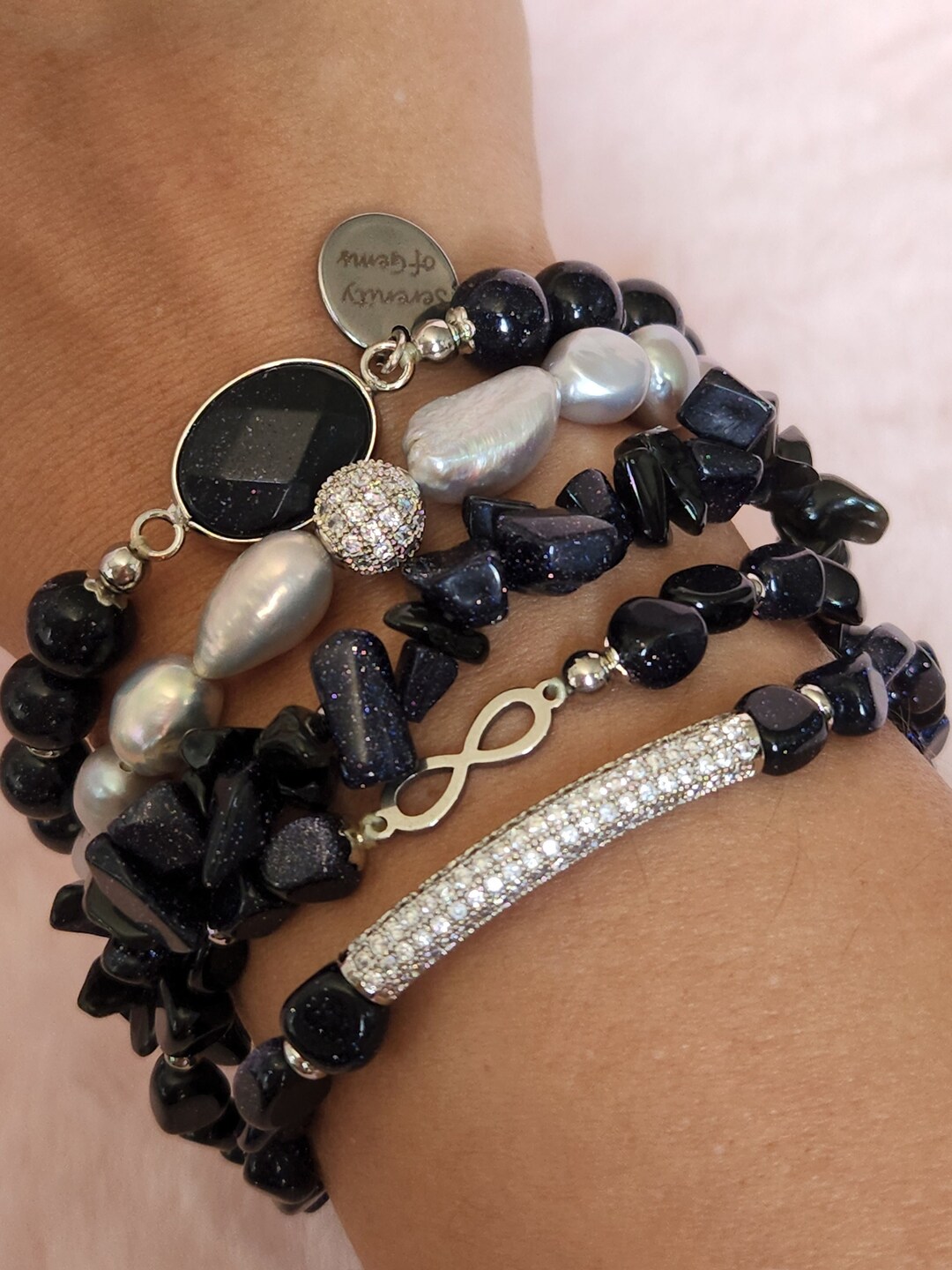 Blue Sandstone Gray Pearls Stacked Bracelets Set - Etsy