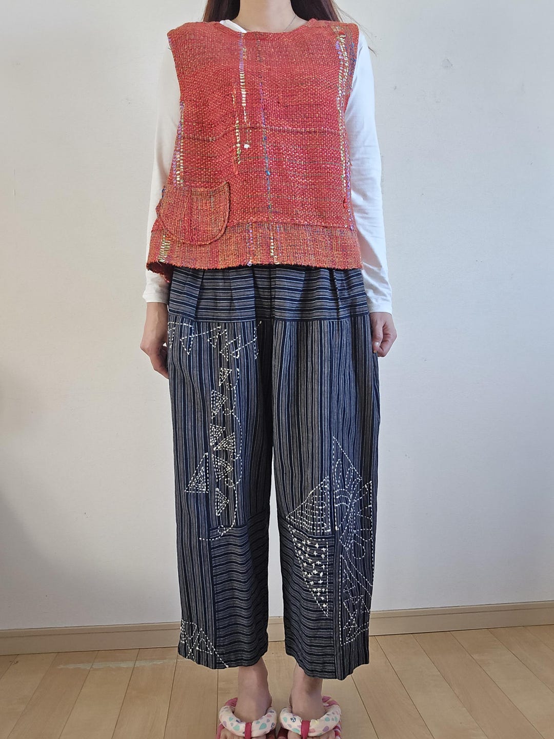 Kimono Remake, Handmade From Old Cloth, Striped Cotton With Sashiko ...