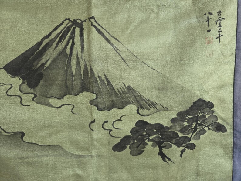 Artist Handmade, Mt. Fuji Handwritten by an Artist on Vintage Cloth ...
