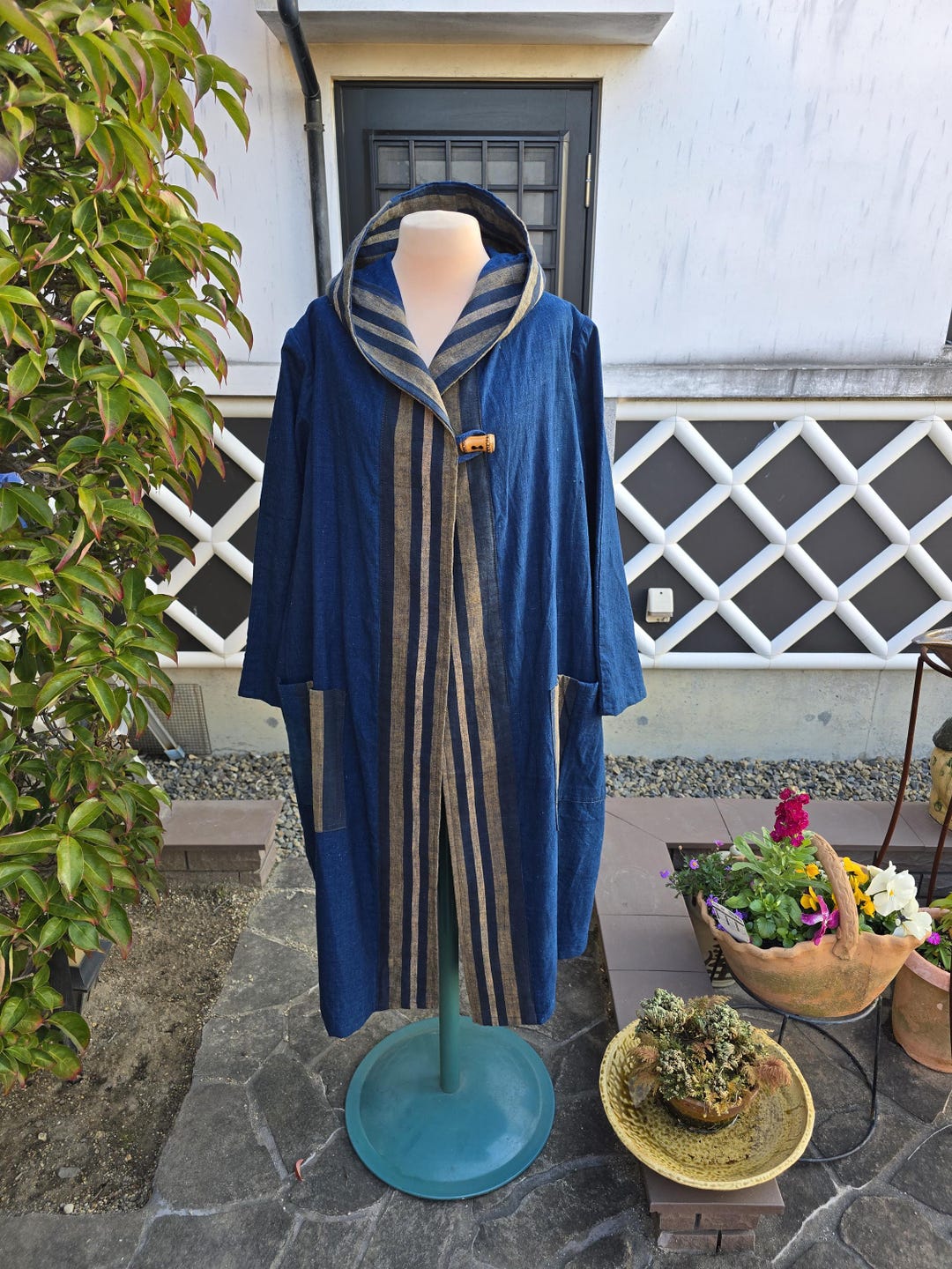 Kimono Remake, Handmade From Old Cloth, Plain Indigo, Striped, Hooded ...