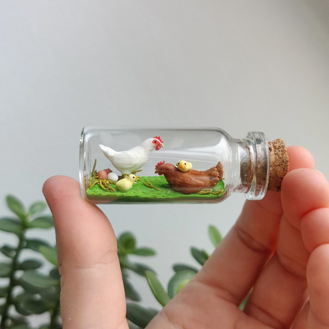 Happy Chickens With Their Little Chicks in a Glass-bottle / Unique ...