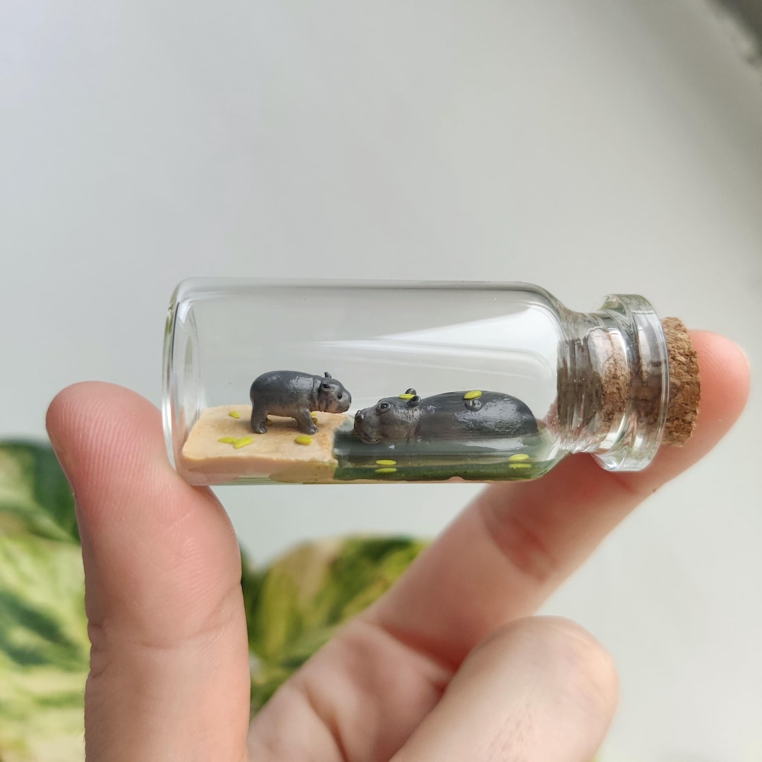 Baby Pygmy Hippo With Mother in a Glass-bottle / Unique Miniature ...