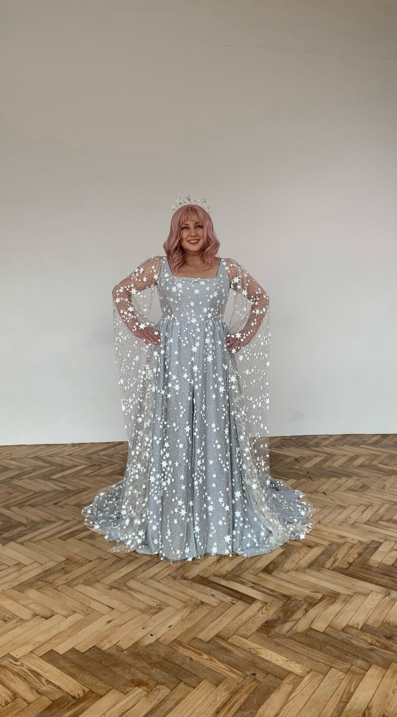 Reflective Star Celestial off White Gray-blue Dusty Blue Wedding Dress ...