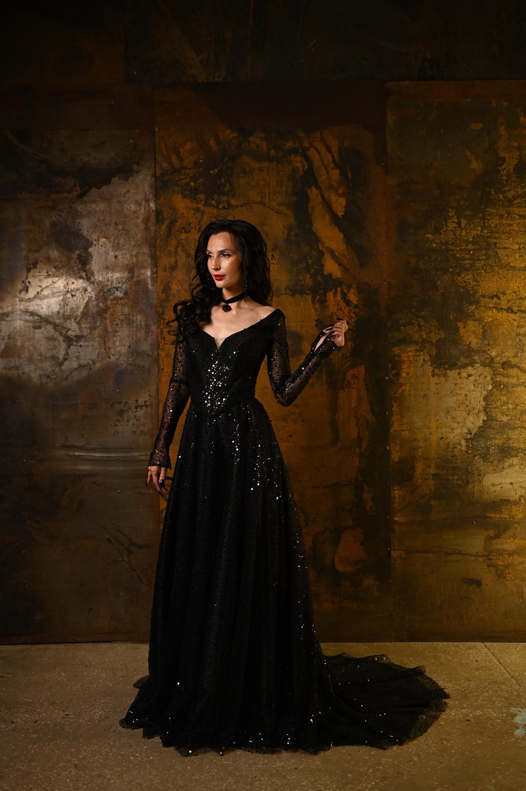Sparkly Black Gothic Wedding Dress With Long Sleeves Alternative Non ...