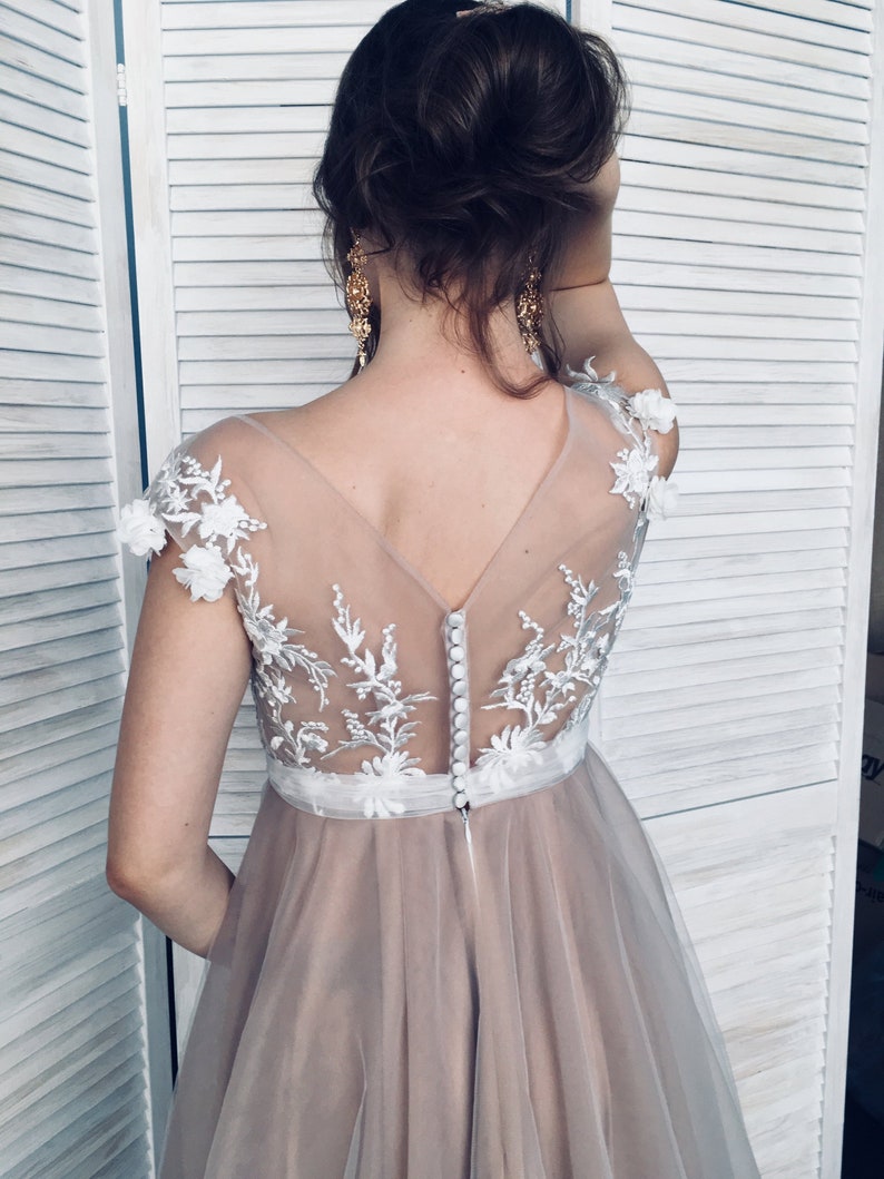 Romantic wedding dress whis off-white lace beige tulle | Etsy