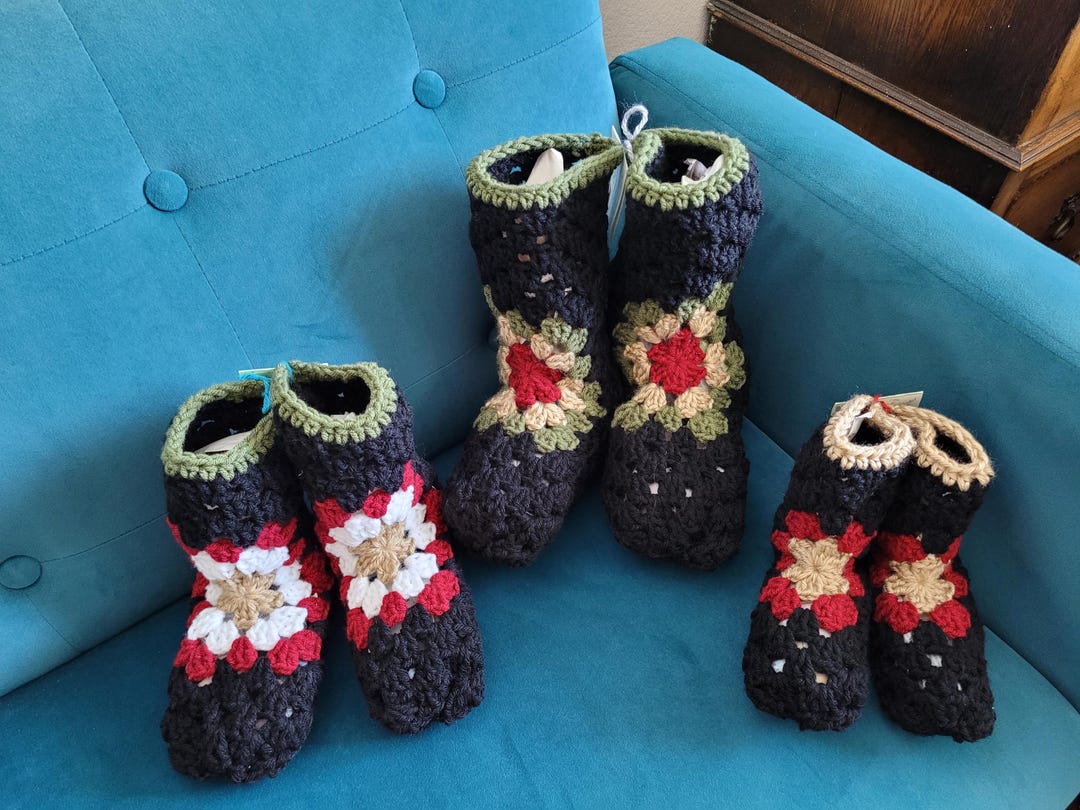 Crochet Slipper Boots: Granny Square Boots, Child to Adult Sizes, House ...
