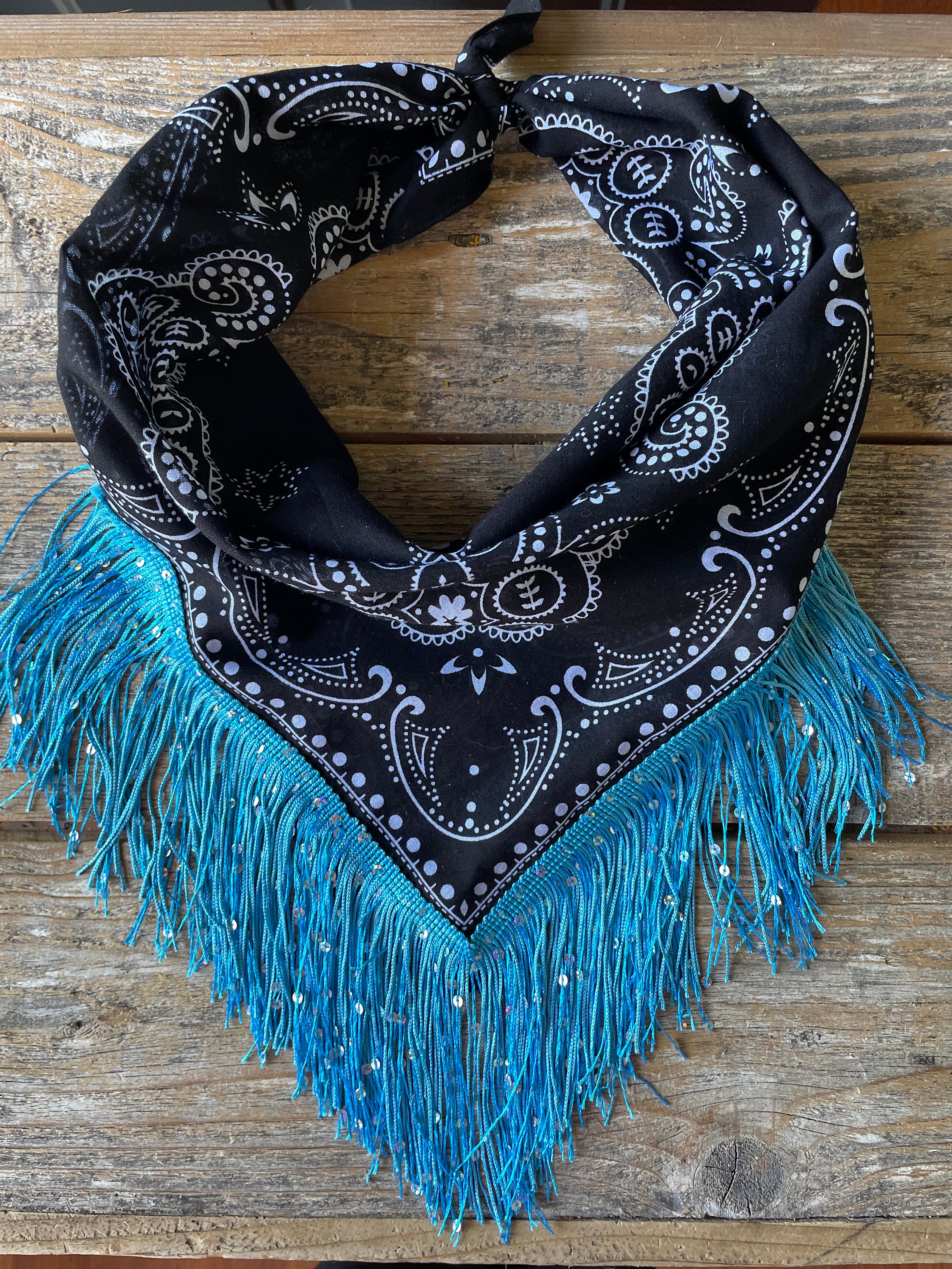 Black Bandana With Blue Fringe - Etsy