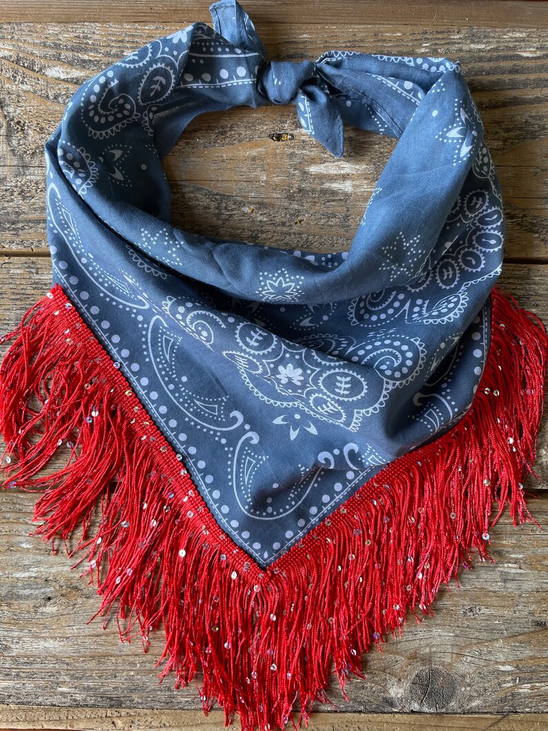Denim Blue Colored Bandana With Red Fringe - Etsy