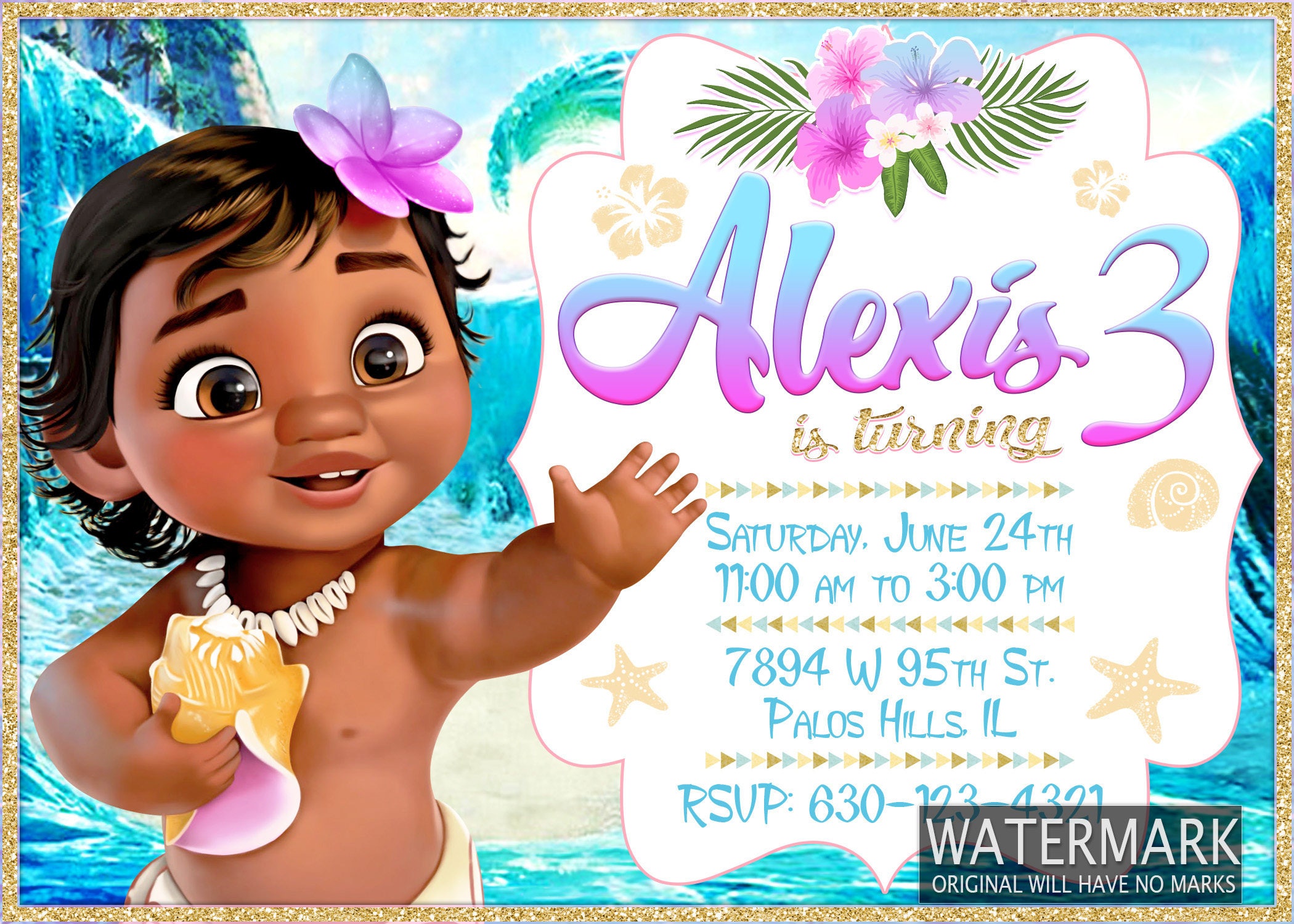 Moana invitación Moana bebé invitación oro rosa Moana | Etsy