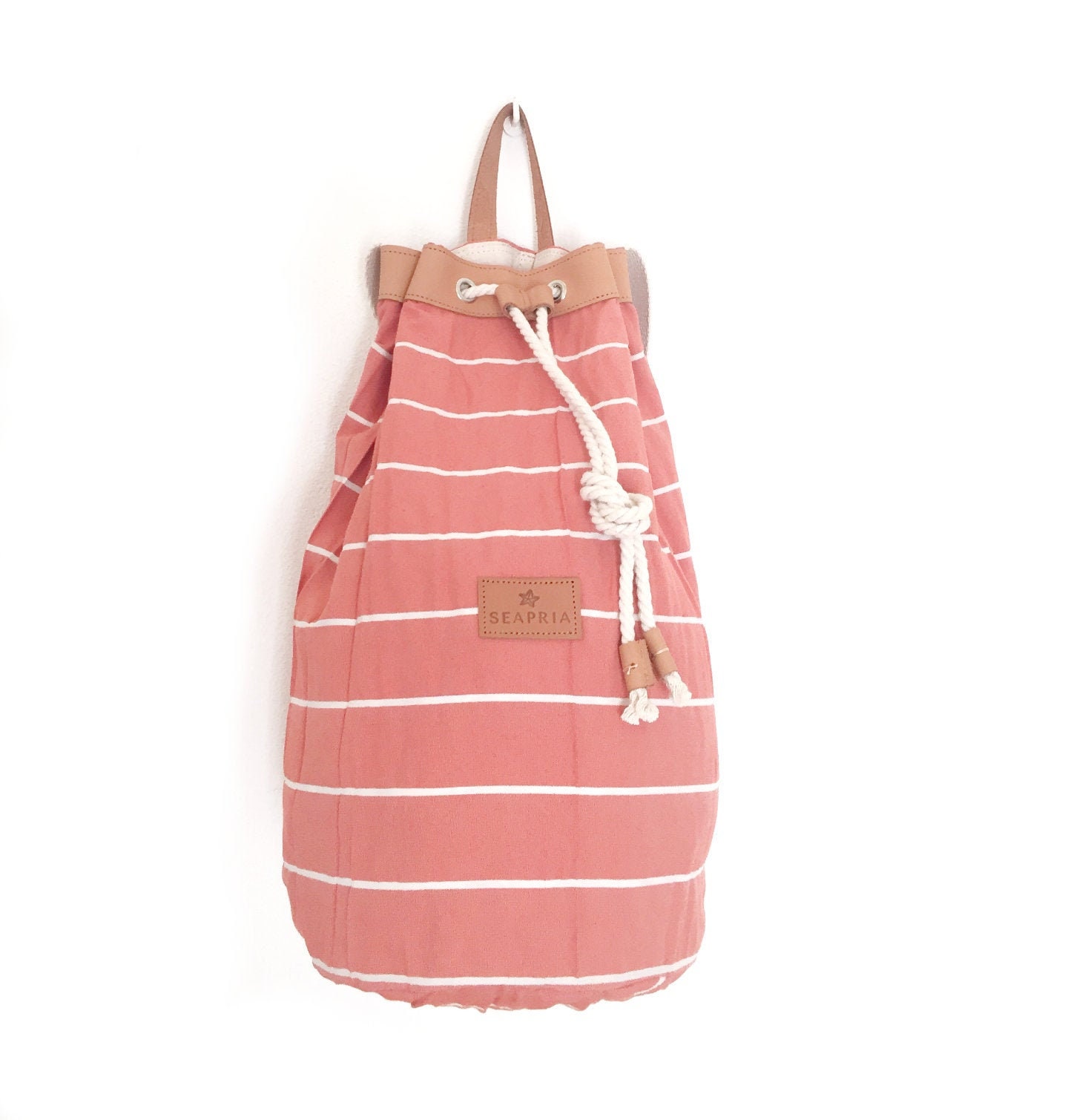 Coral & White Stripes Beach Bag, Nautical Sailor Bag, Sailing Backpack ...