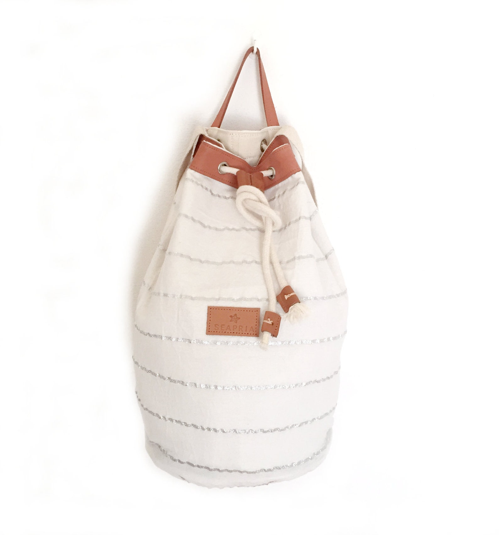 Striped Linen Sailor Backpack: Leather Top, Nautical Beach Bag - Etsy