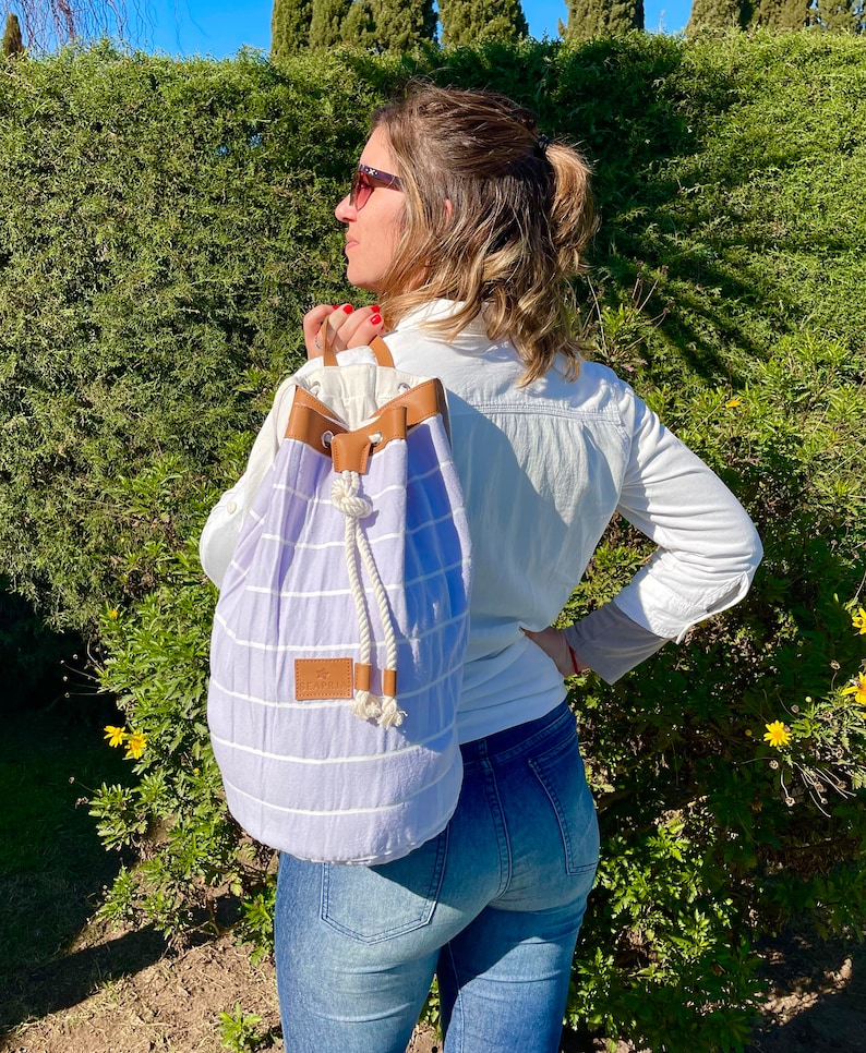 Striped Cotton Canvas Beach Backpack, Leather Top, Handmade - Etsy