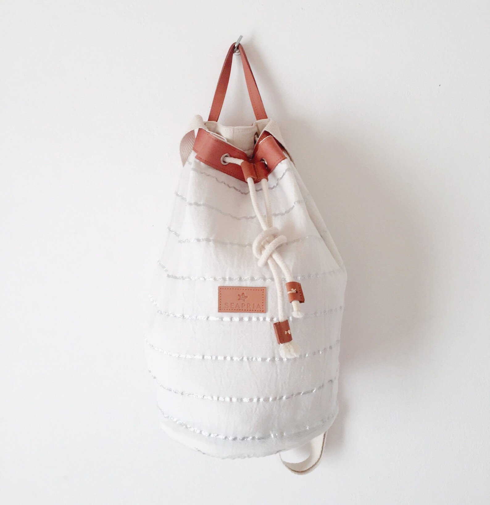 Striped Linen Sailor Backpack: Leather Top, Nautical Beach Bag - Etsy