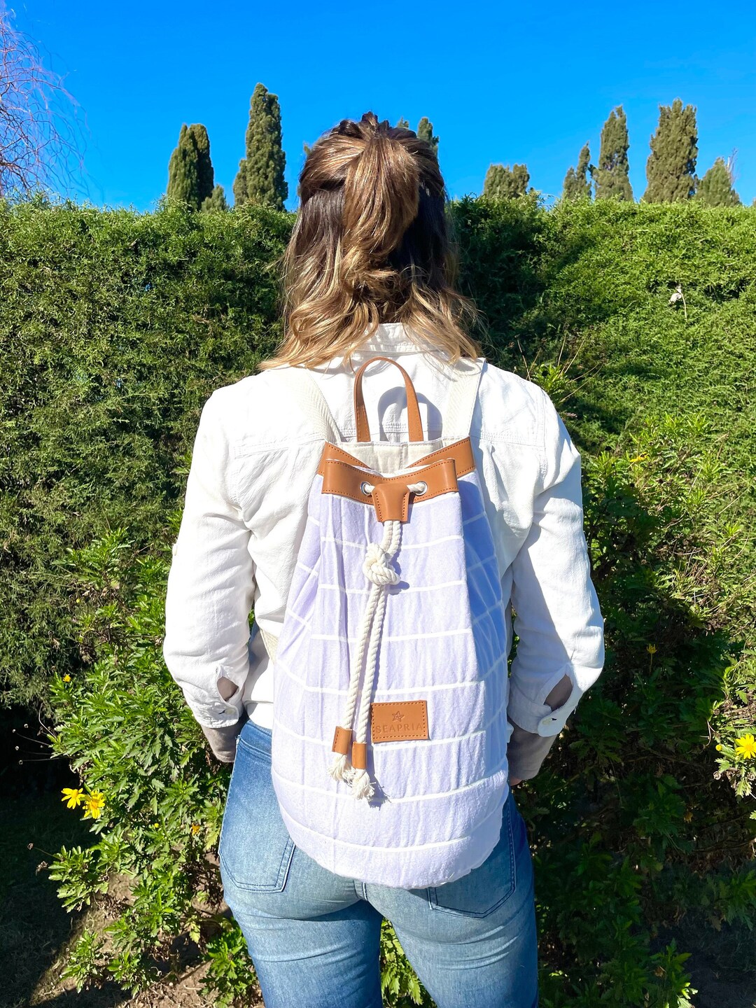 Striped Cotton Canvas Beach Backpack, Leather Top, Handmade - Etsy