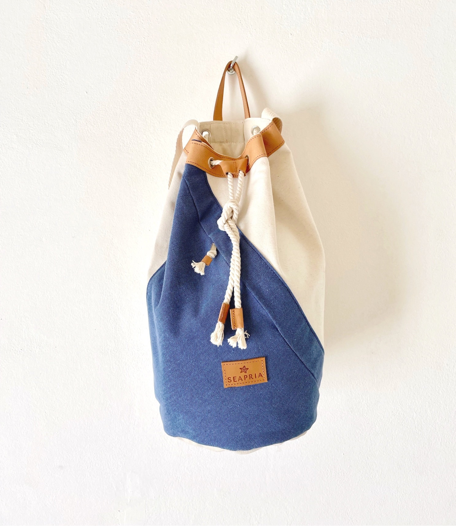 Blue Navy Beach Bag, Nautical Sailor Bag, Cotton Canvas and Leather ...