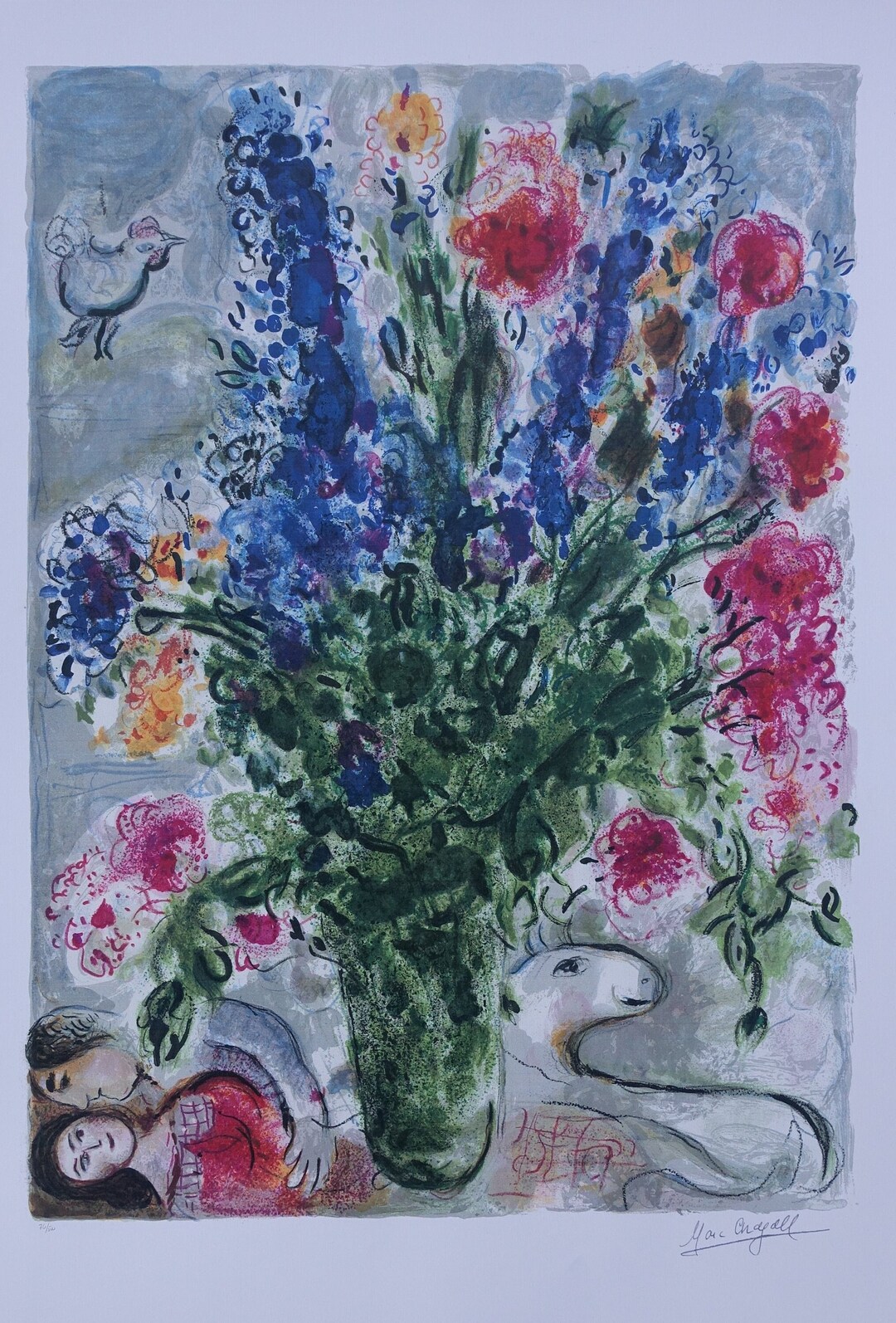 Marc Chagall After Lovers And The Pastoral Flowers Signed And