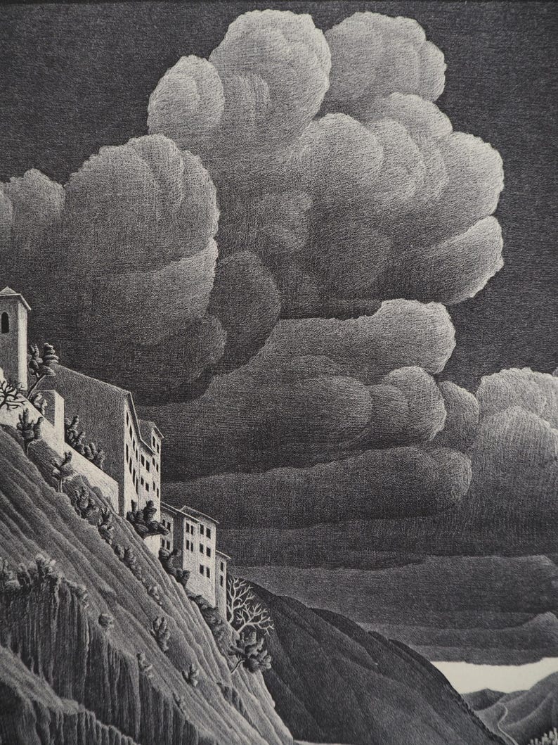 M.C. ESCHER - Italian Landscape Castrovalva - Woodcut Facsimile 1935 ...