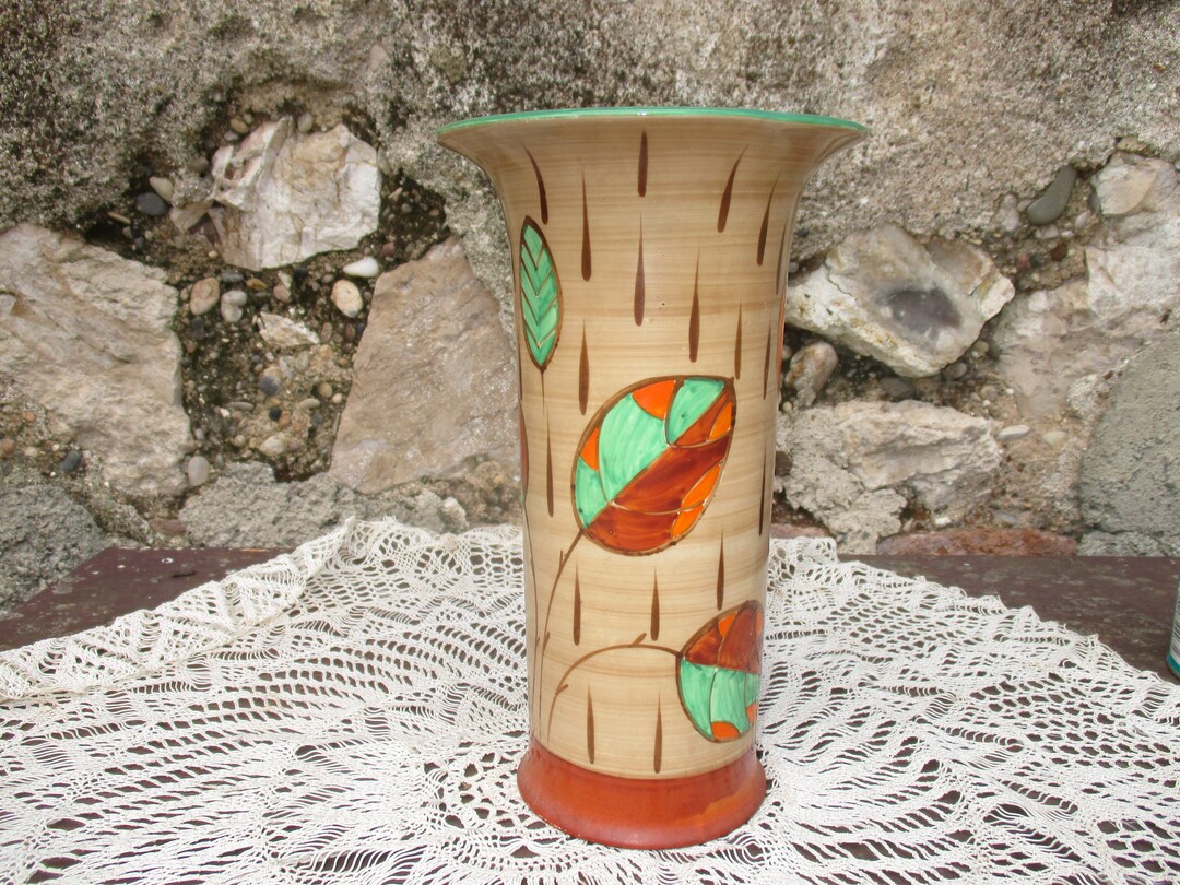 Myott Art Deco Tall Vase. Leaf Pattern, Painted All Over. Ceramic, Hand ...