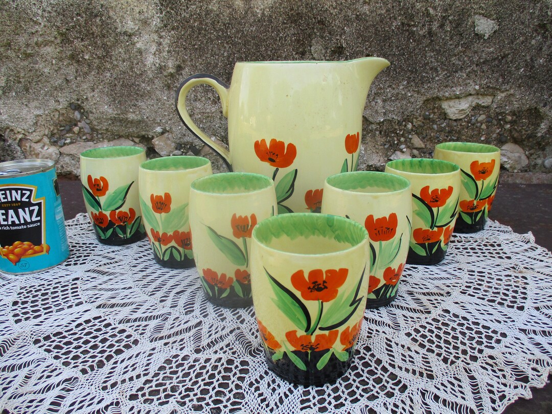 Very Rare Myott Art Deco Lemonade Set With 7 Beakers/glasses. All Are ...
