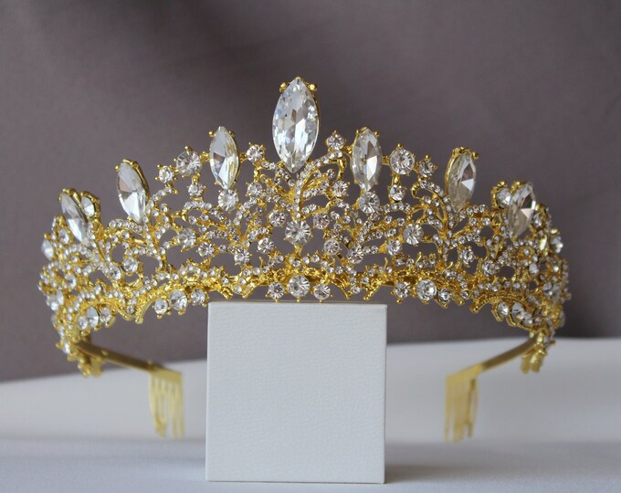 Gold Tiara, Crystal Bridal Crown, Tiara for Bride, Yellow Gold Tiara ...