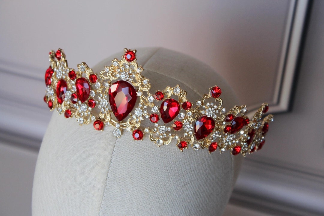 Red Tiara With Earrings, Gold Tiara, Ruby Tiara, Royal сrown, Crystal ...