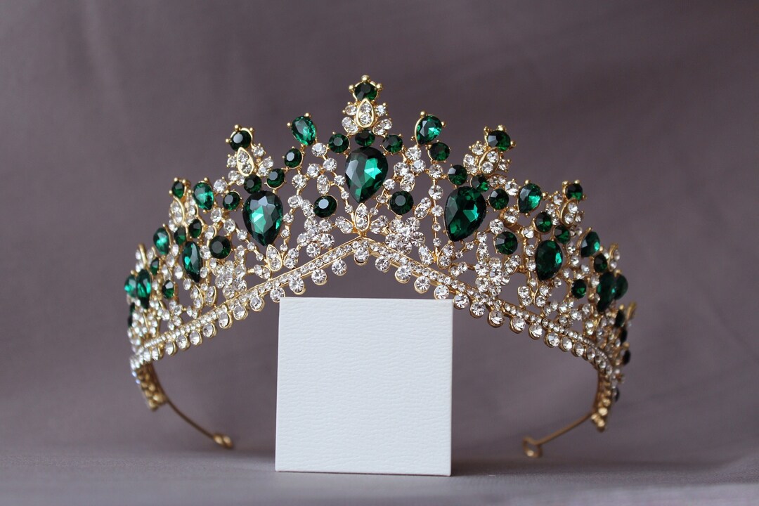 Green Bridal Tiara, Emerald Tiara With Earrings, Gold Tiara, Royal ...
