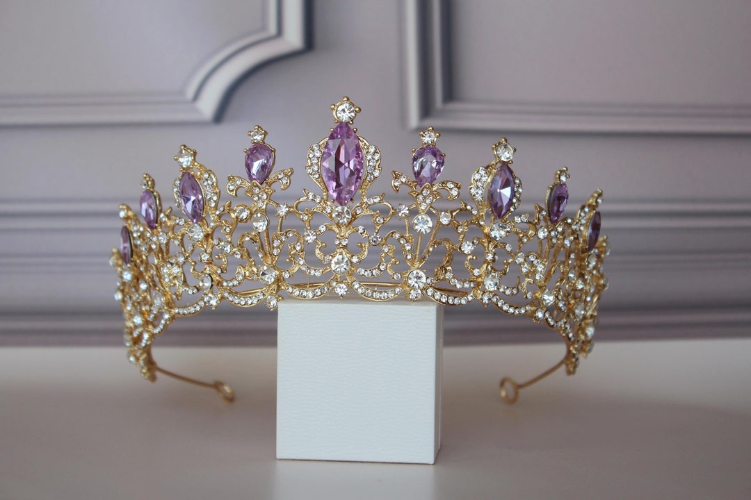 Purple Tiara, Gold Tiara, Lavender Royal Crown, Crystal Bridal Tiara ...