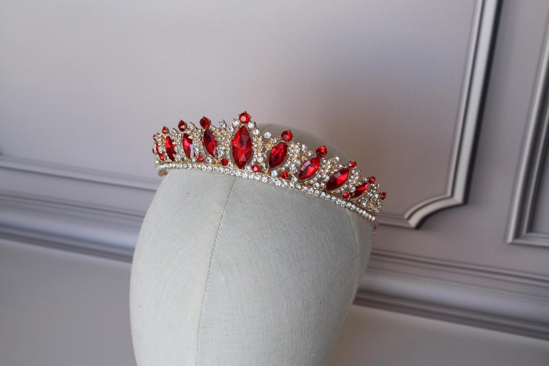 Red Tiara With Earrings, Gold Tiara, Ruby Royal Crown, Crystal Tiara ...