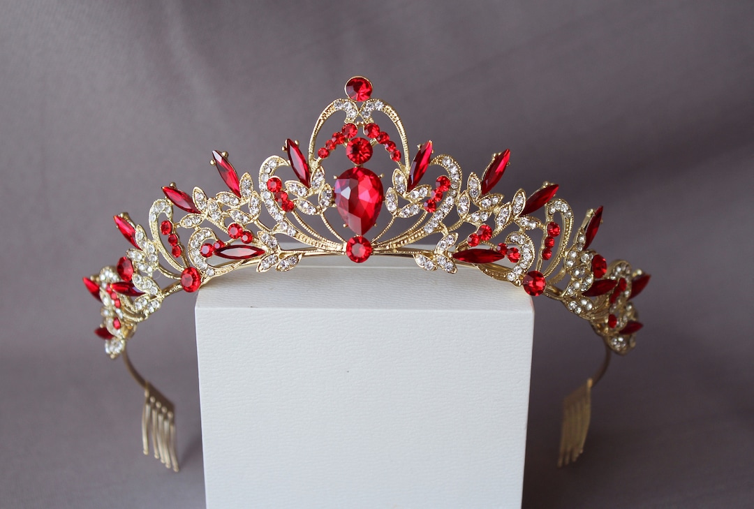 Red Tiara, Gold Tiara, Royal Crown, Red Hair Piece, Red Bridal Tiara ...