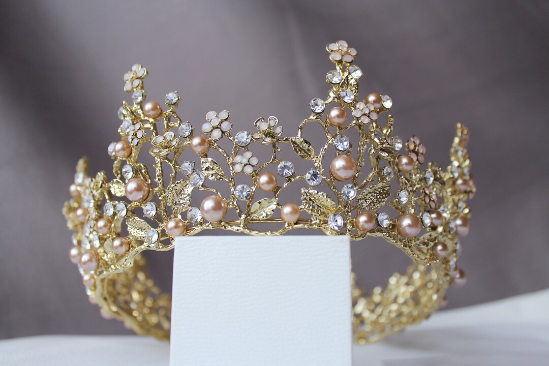 Gold Bridal Tiara, Flower Tiara, Royal Tiara, Gold Round Tiara, Beige ...