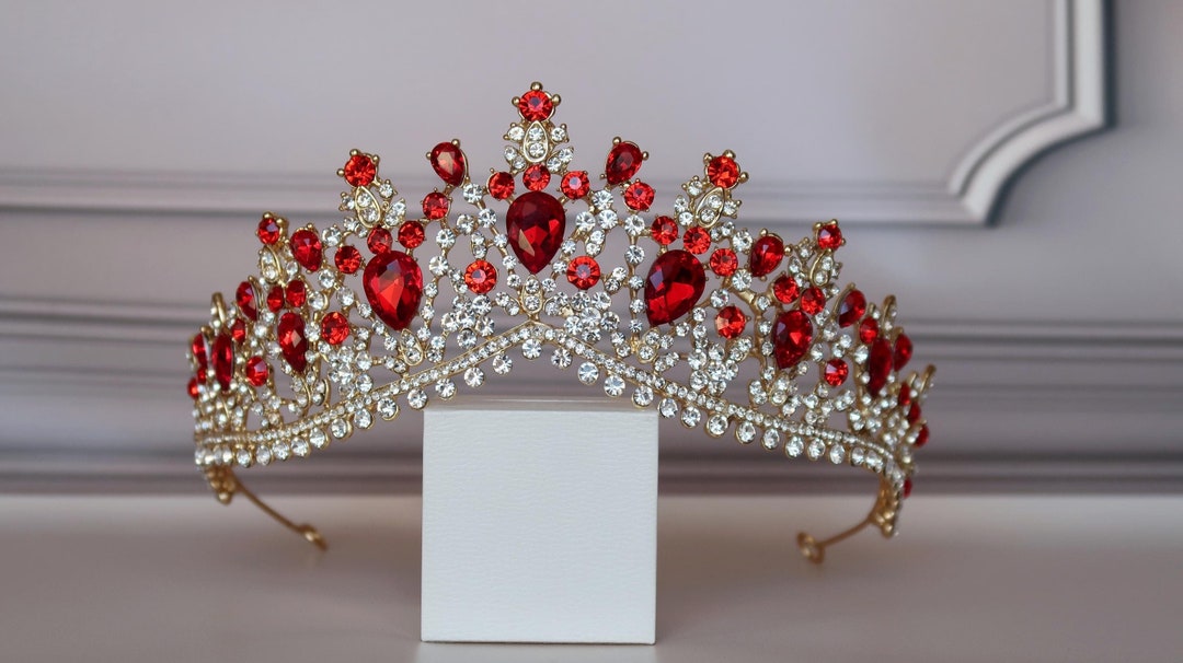 Red Tiara, Red Headpiece, Red Princess Crown, Gold Quinceanera Crown ...