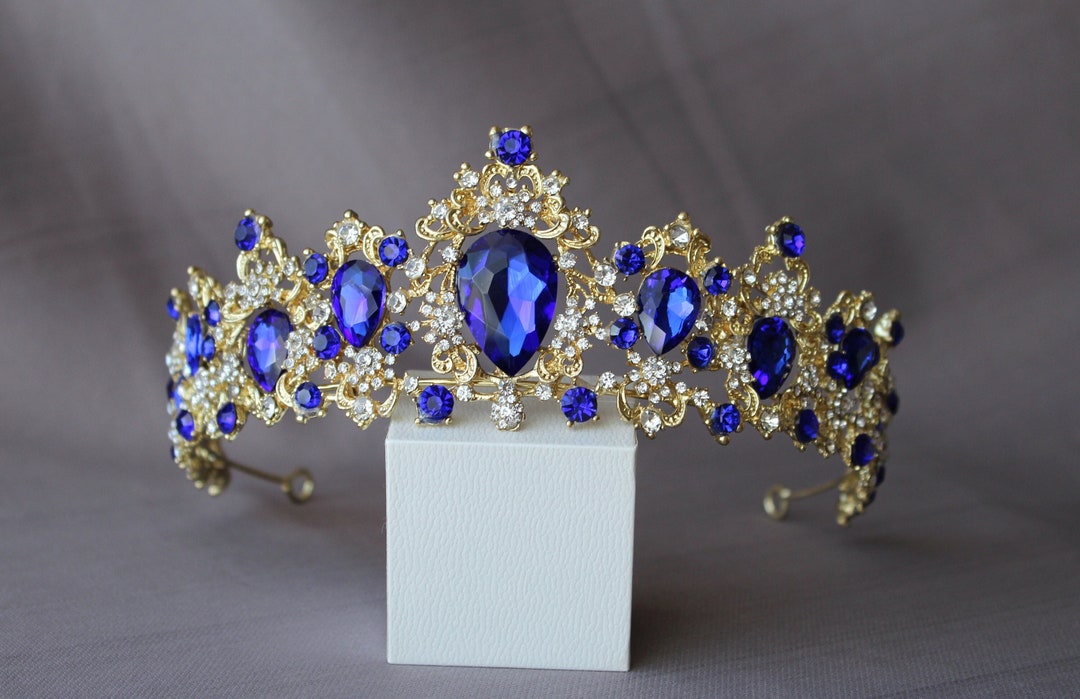 Blue Tiara, Sapphire Crown, Gold Tiara, Bridal Tiara, Wedding Crown ...