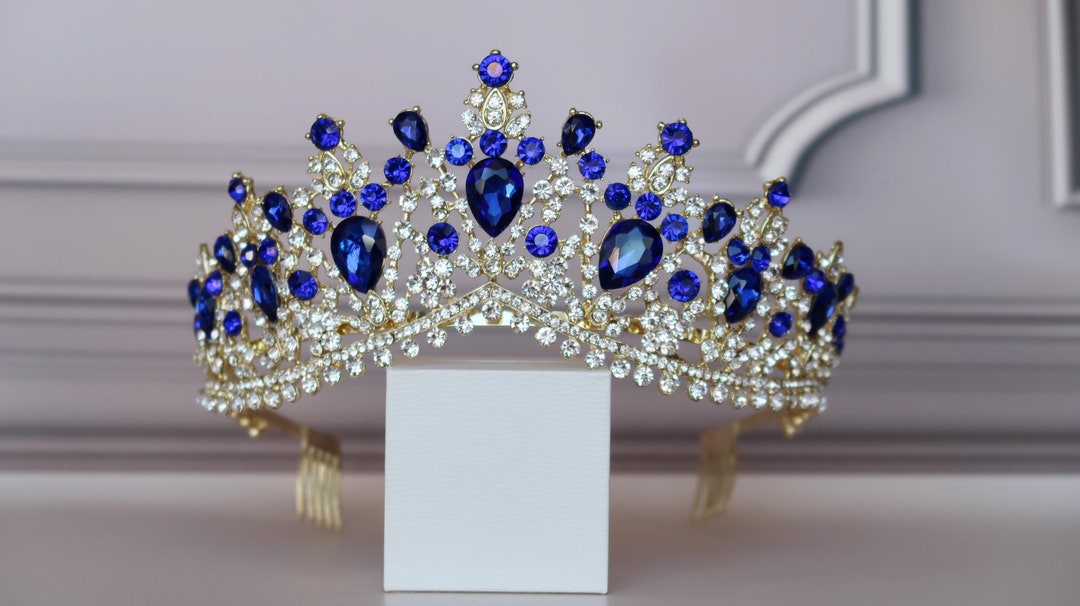 Blue Gold Crown, Sapphire Tiara, Blue Headpiece, Bridal Tiara, Blue ...