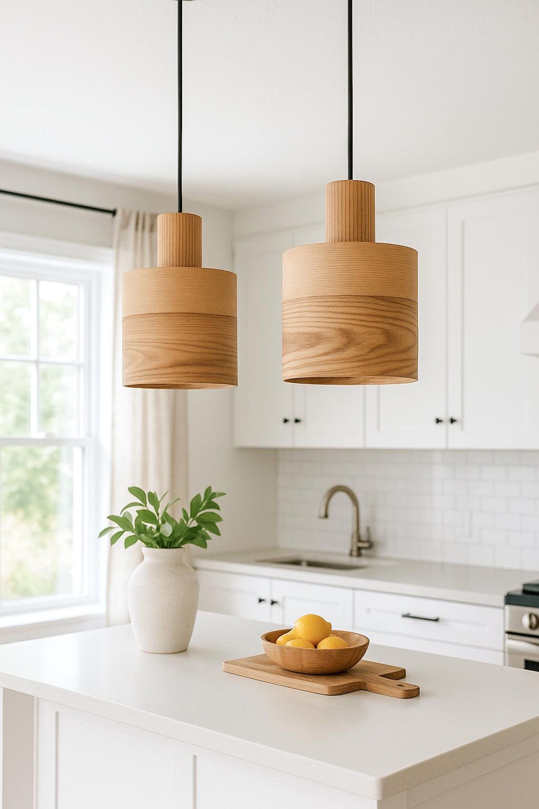 Set of 2 Olive Wood Kitchen Island Light, Mid Century Modern Chandelier ...