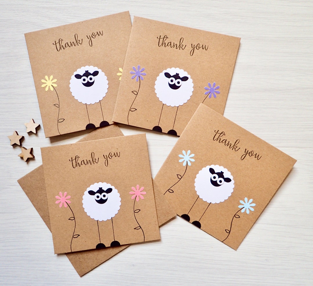 Pack of 4 Sheep Thank You Cards, Handmade Thank You Notelets, Sheep ...