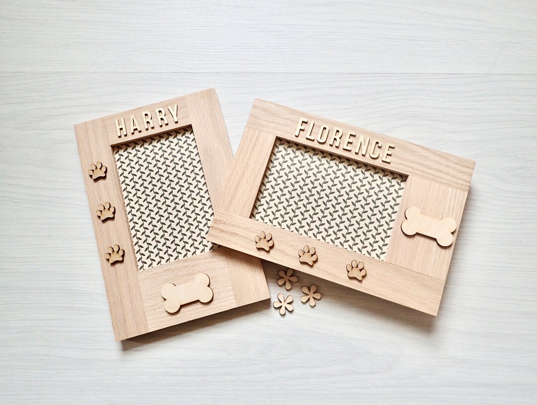 Personalized Oak Pet Photo Frame: Dog Bone & Paw Prints - Etsy